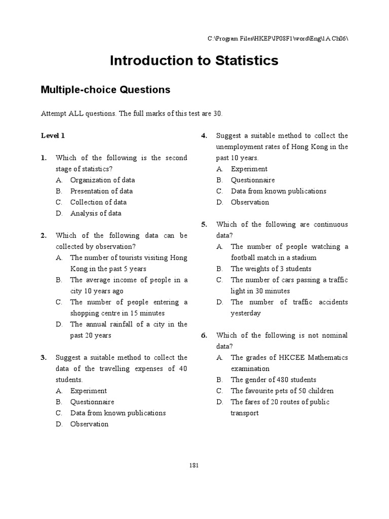 Introduction To Statistics: Multiple-Choice Questions | PDF | Business
