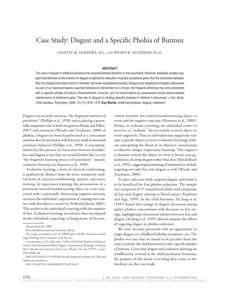 Case Study: Disgust and A Specific Phobia of Buttons: Lissette M ...