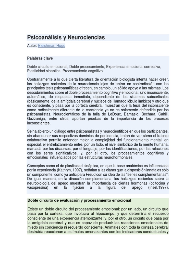 Psicoan Lisis y Neurociencias H. Bleichmar | PDF | Mente inconsciente | Neurociencia