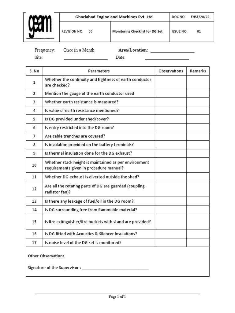 EHSF - 22 Monitoring Checklist For DG Set | PDF