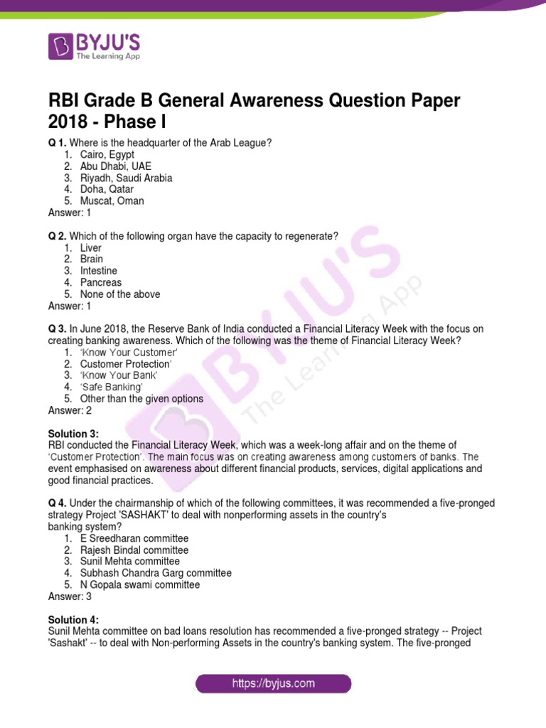 RBI Grade B General Awareness Question Paper 2018 Phase I PDF | PDF ...