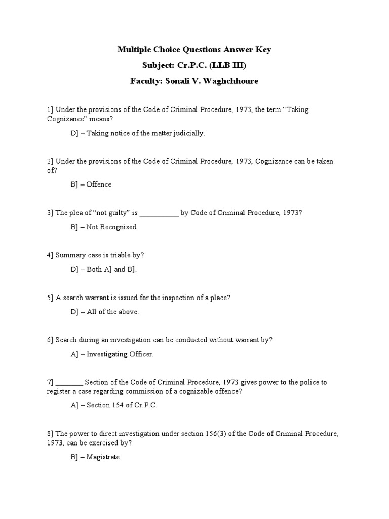 CRPC MCQs Answer Key-1 | PDF | Criminal Procedure In South Africa | Criminal Procedure