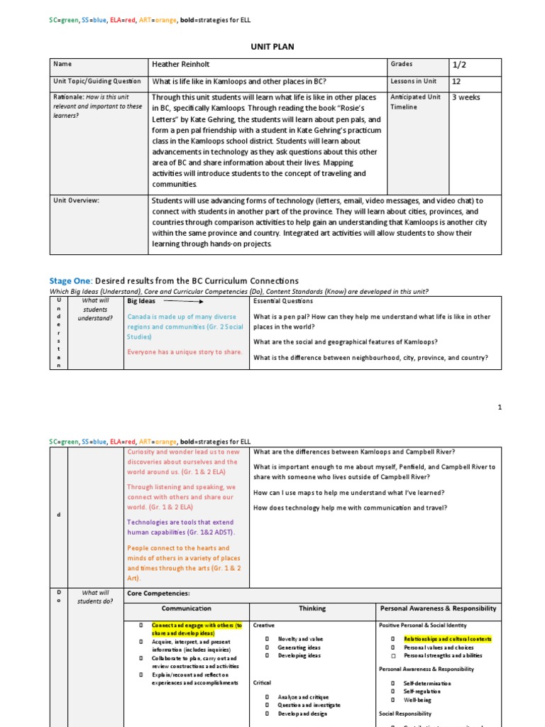Unit Plan - Pen Pals - Social Studies-Ela | PDF | Educational ...