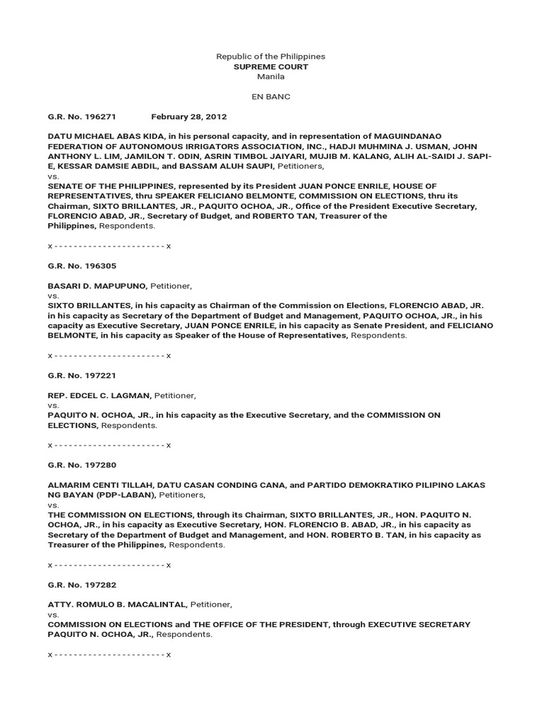 G.R. No. 196271 February 28, 2012 DATU MICHAEL ABAS KIDA vs. SENATE ...