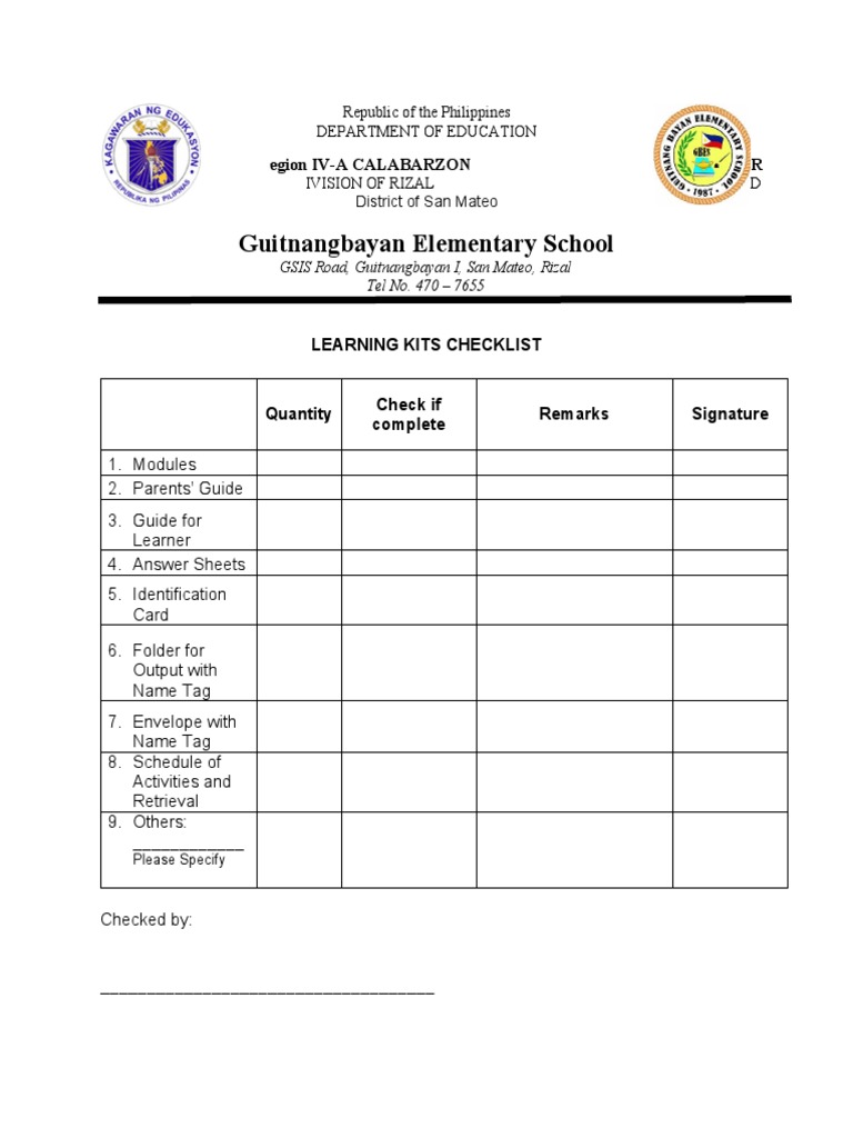 Learning Kits Checklist | PDF