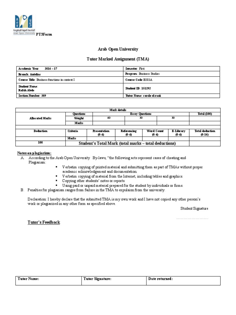 Arab Open University Tutor Marked Assignment (TMA) : PT3Form | PDF ...
