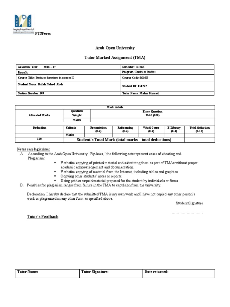 Arab Open University Tutor Marked Assignment (TMA) : PT3Form | PDF ...