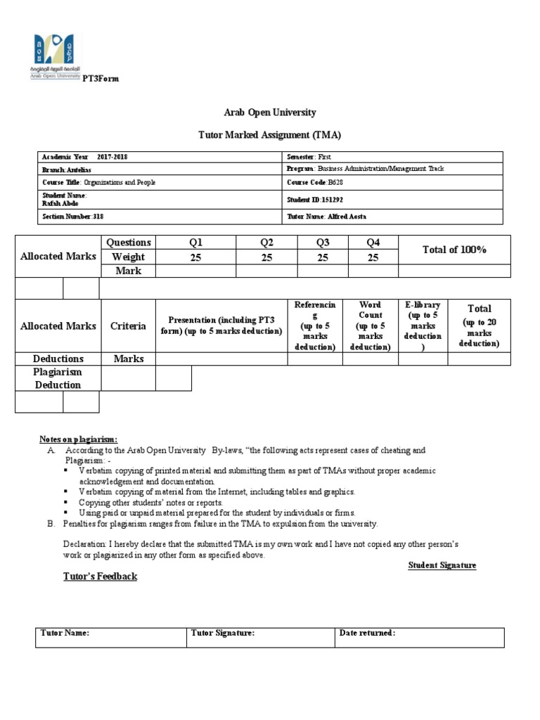 Arab Open University Tutor Marked Assignment (TMA) | PDF | Leadership ...