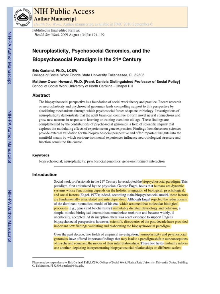 Neuroplasticity Psychosocial Genomics and The Biopsychosocial Paradigm in The 21st Century ...