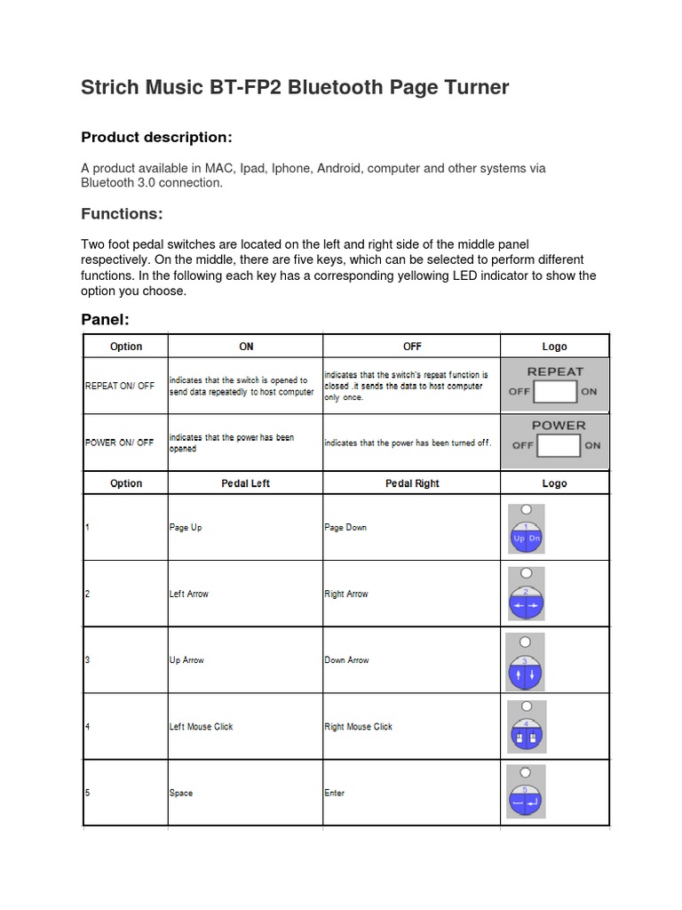 Strich Music BT-FP2 Bluetooth Page Turner: Functions | PDF
