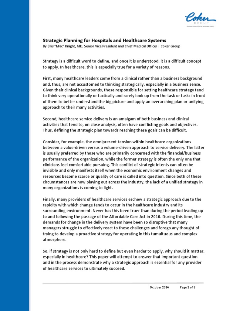 Strategic Planning For Hospitals and Healthcare Systems Example | PDF ...