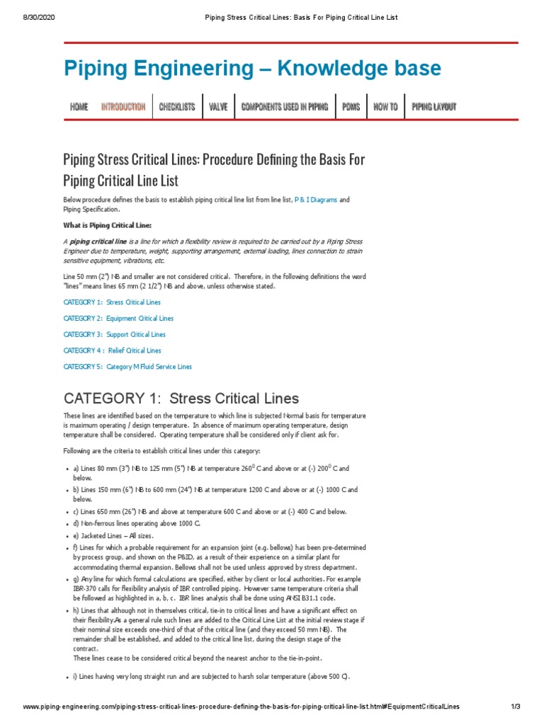 Piping Stress Critical Lines - Basis For Piping Critical Line List PDF ...