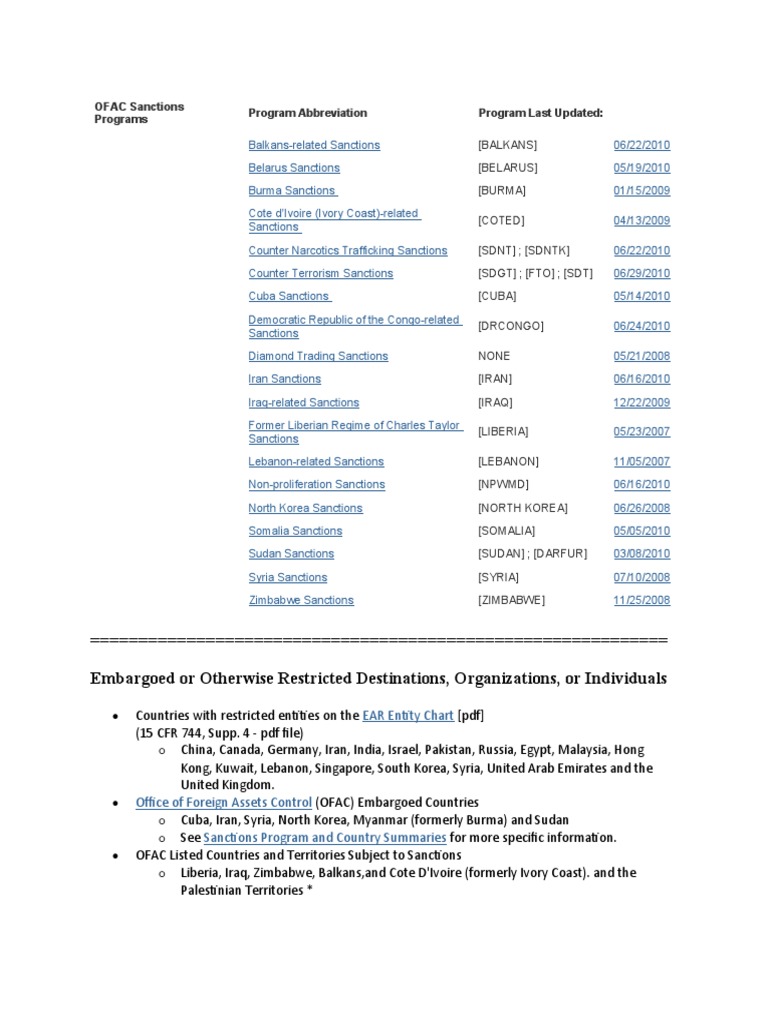 Embargoed or Otherwise Restricted Destinations, Organizations, or ...