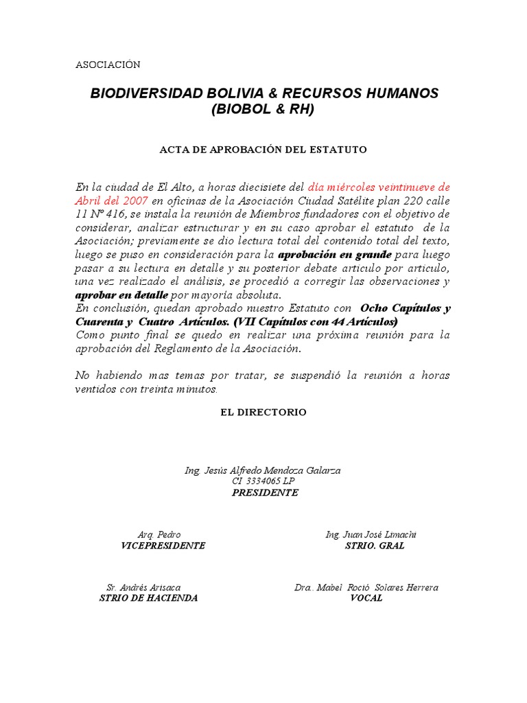 Modelo General Acta de Estatuto Biobol Bolivia | PDF