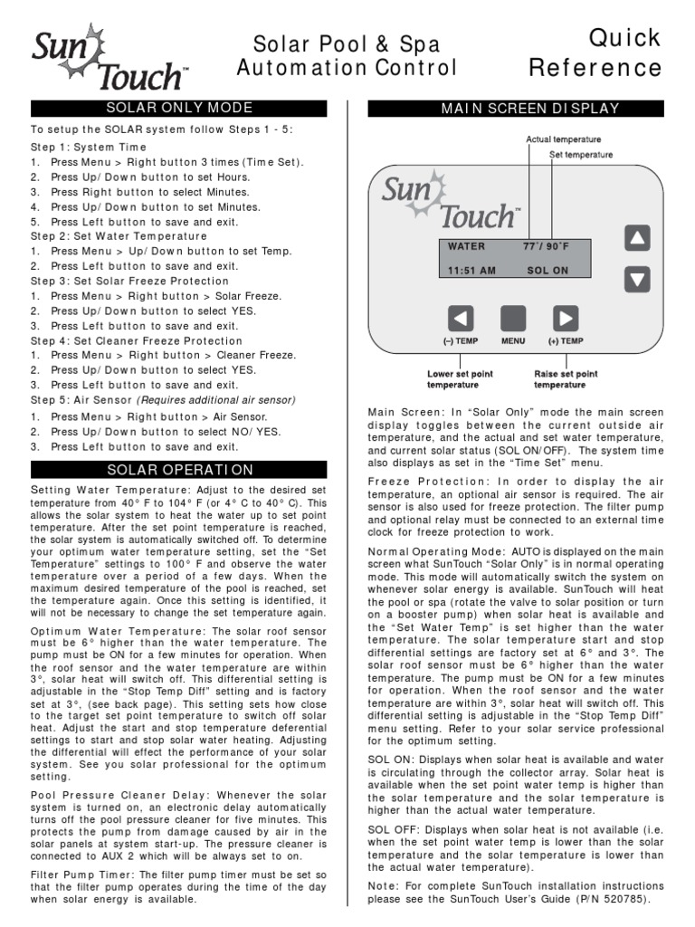 SunTouch Solar Pool and Spa Automation Control Quick Reference English ...