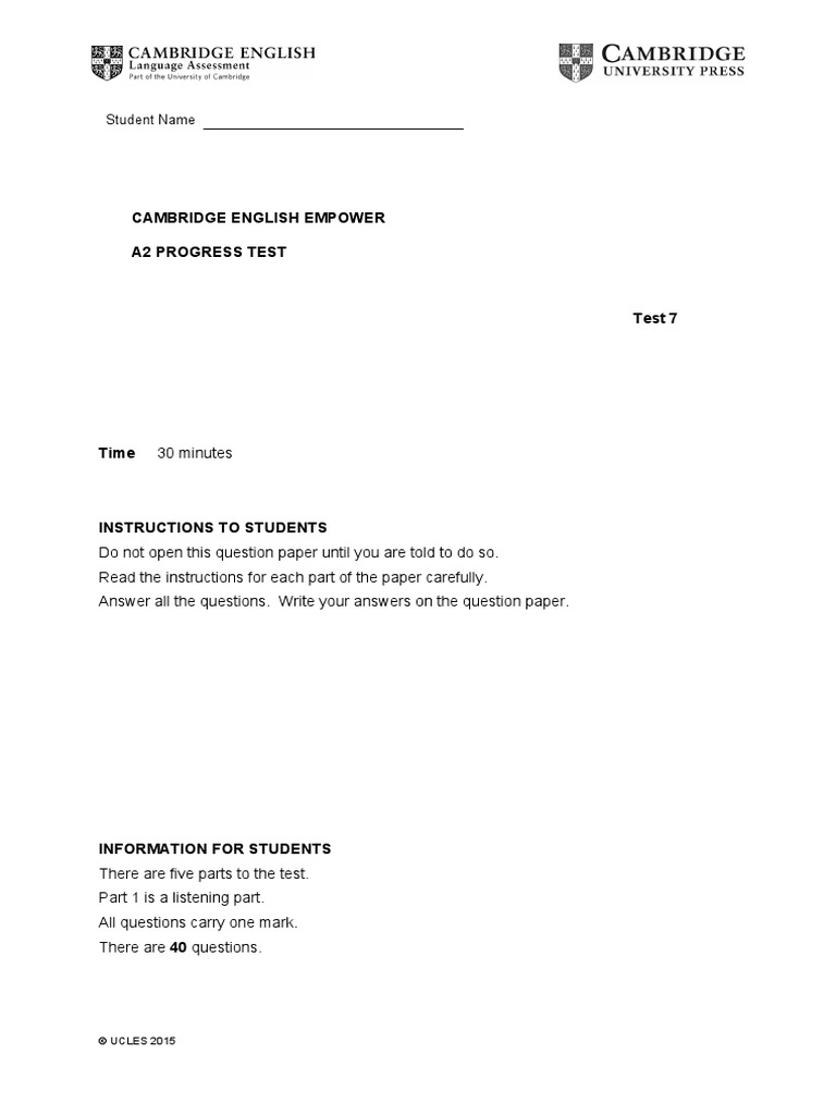 Cambridge English Empower A2 Progress Test Student Name Pdf Train