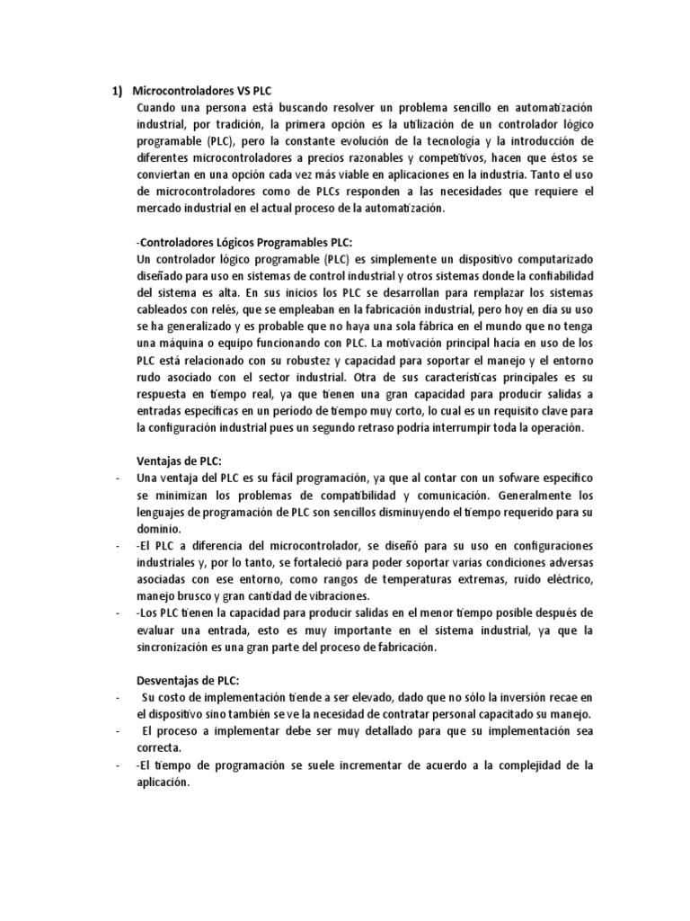 Comparativa: PLC vs Microcontrolador | PDF | Controlador lógico ...