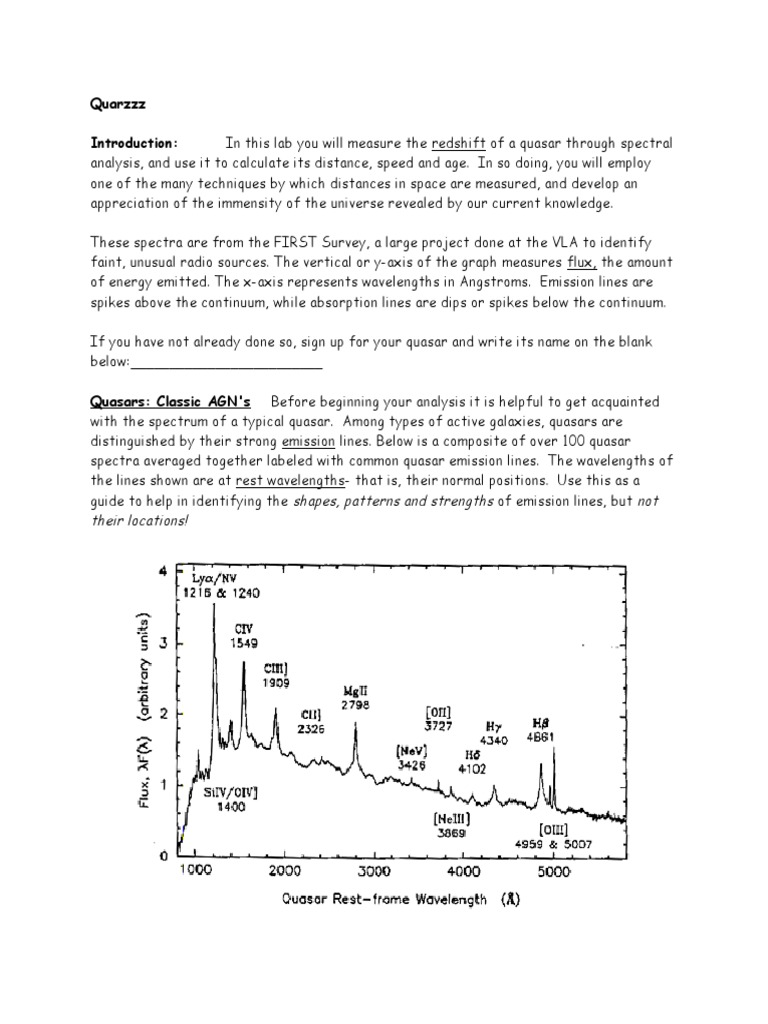 Quasar Redshift Measurement Lab | PDF | Quasar | Emission Spectrum