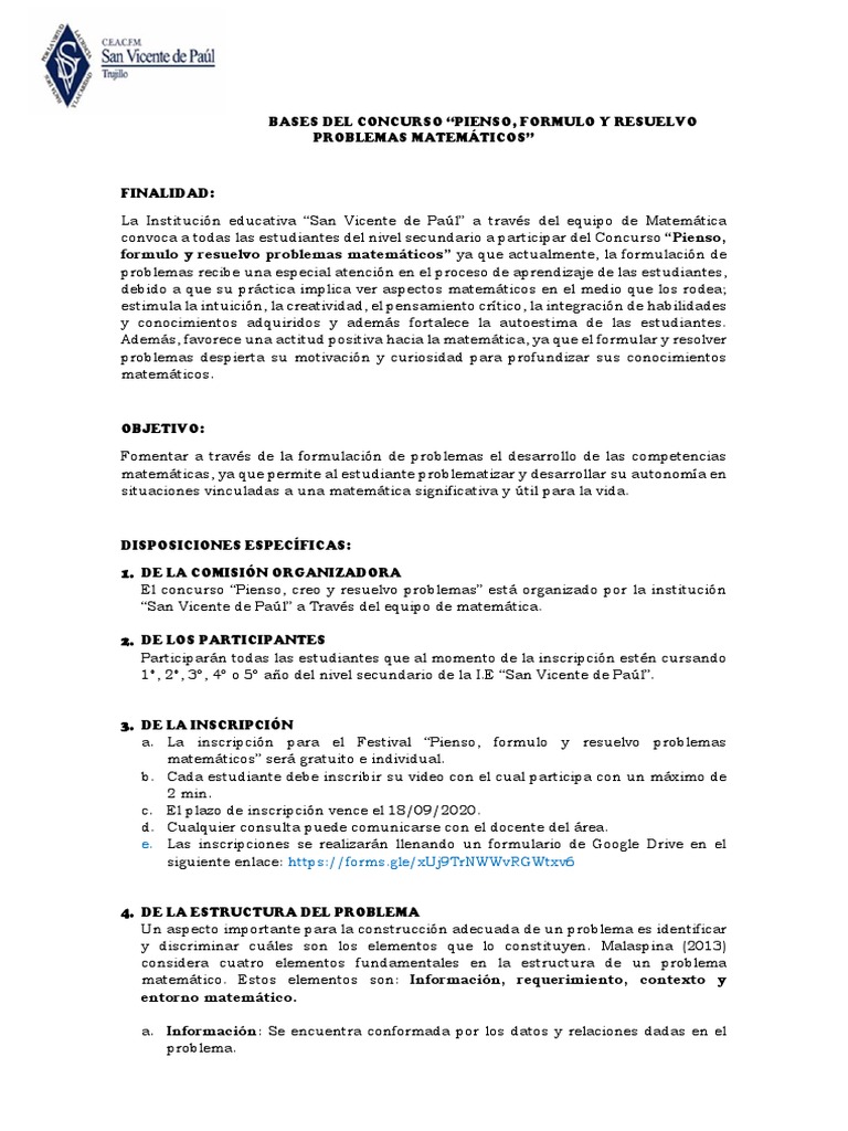 Bases Del Concurso de Matematica 2020 PDF | PDF | Creatividad | Enseñanza de matemática
