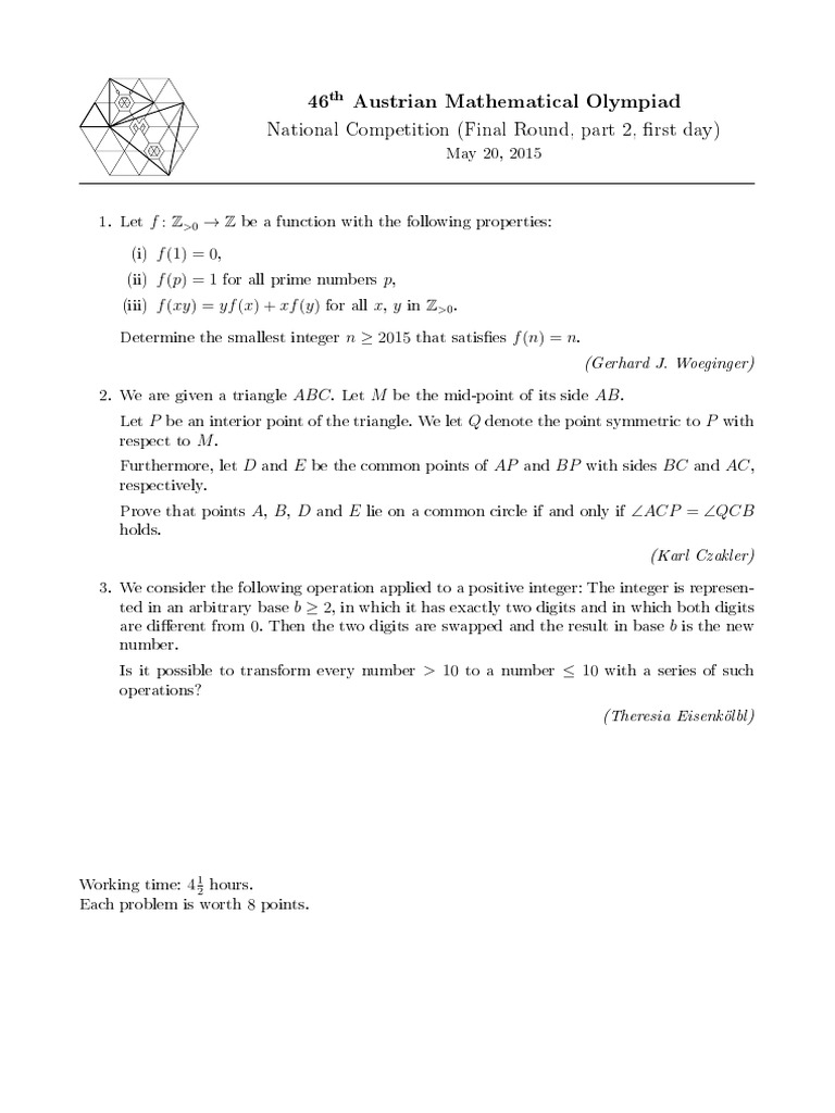46th Austrian Mathematical Olympiad problems | PDF | Abstract Algebra ...