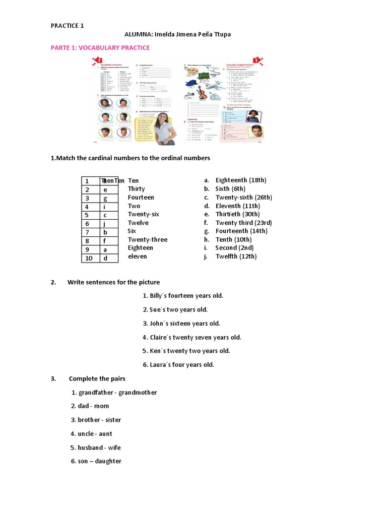 Parte 1: Vocabulary Practice: 1.match The Cardinal Numbers To The ...