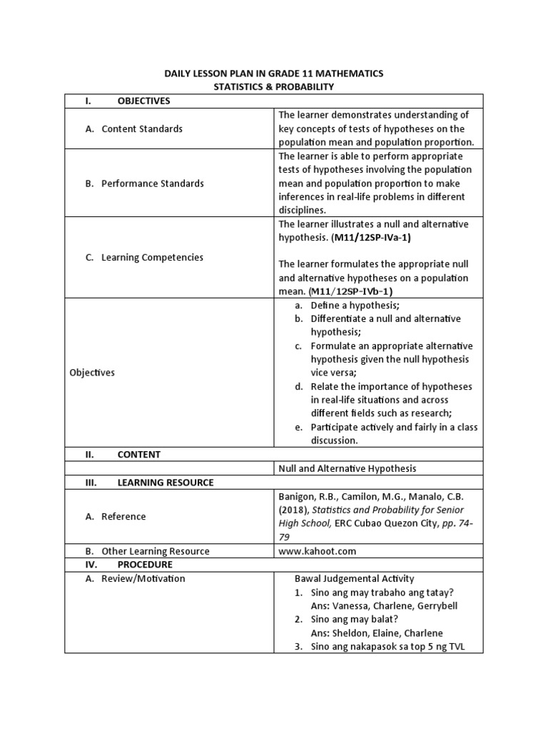 Daily Lesson Plan in Grade 11 Mathematics | PDF | Null Hypothesis ...