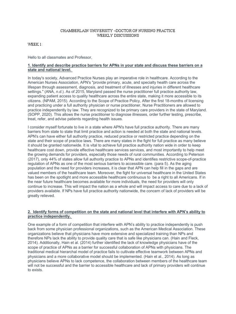 Chamberlain University - Doctor of Nursing Practice Weekly Discussions ...