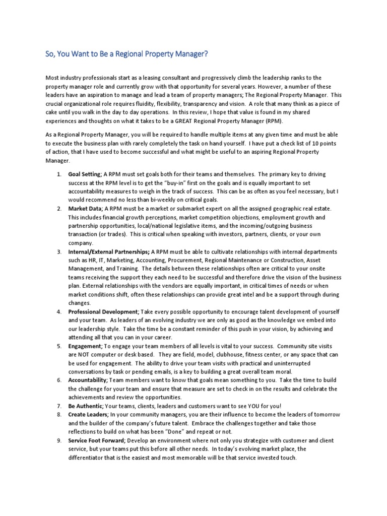 So, You Want To Be A Regional Property Manager? | PDF | Leadership ...