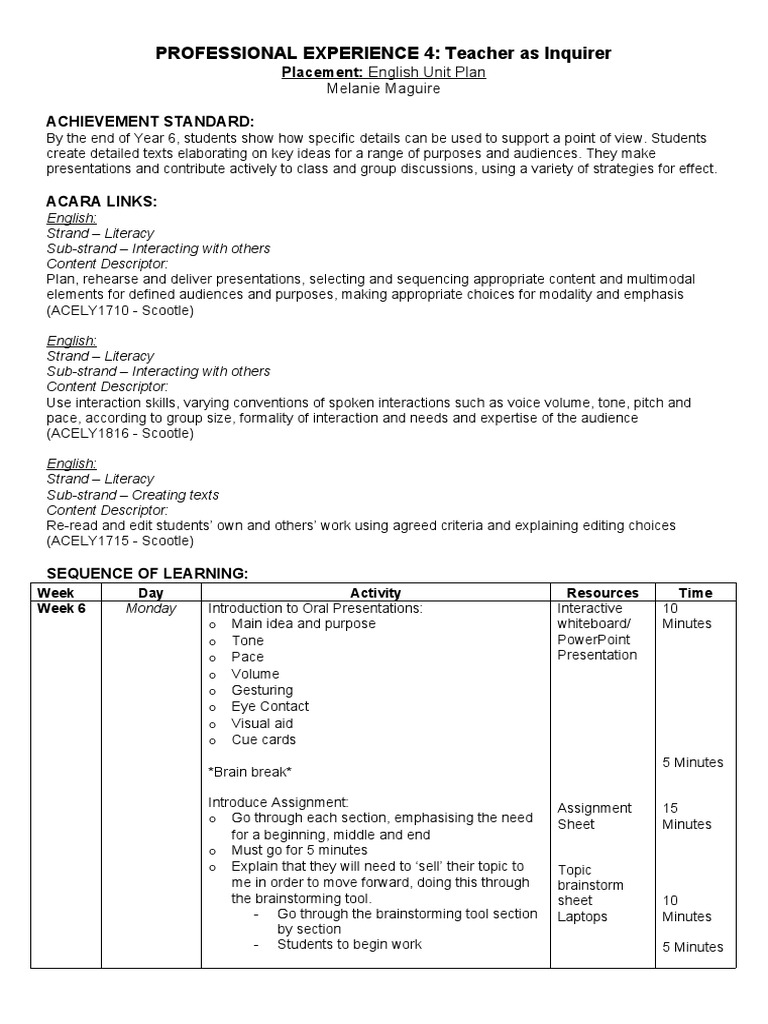 English Unit Plan | PDF | English Language | Rubric (Academic)