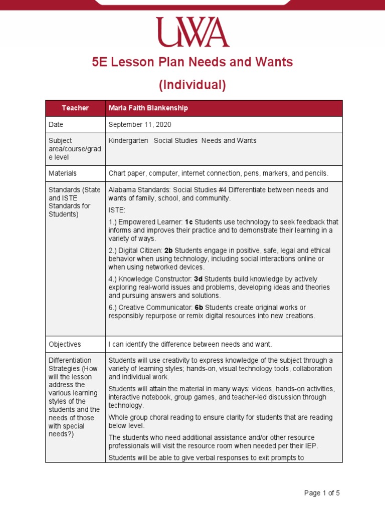 Wants and Needs Lesson Plan 5e | PDF | Lesson Plan | Learning