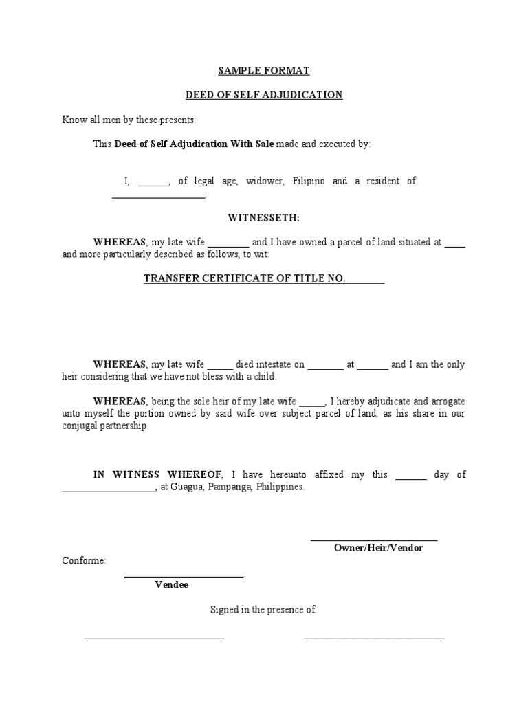 SAmple Format Deed of Self-Adjudication | PDF