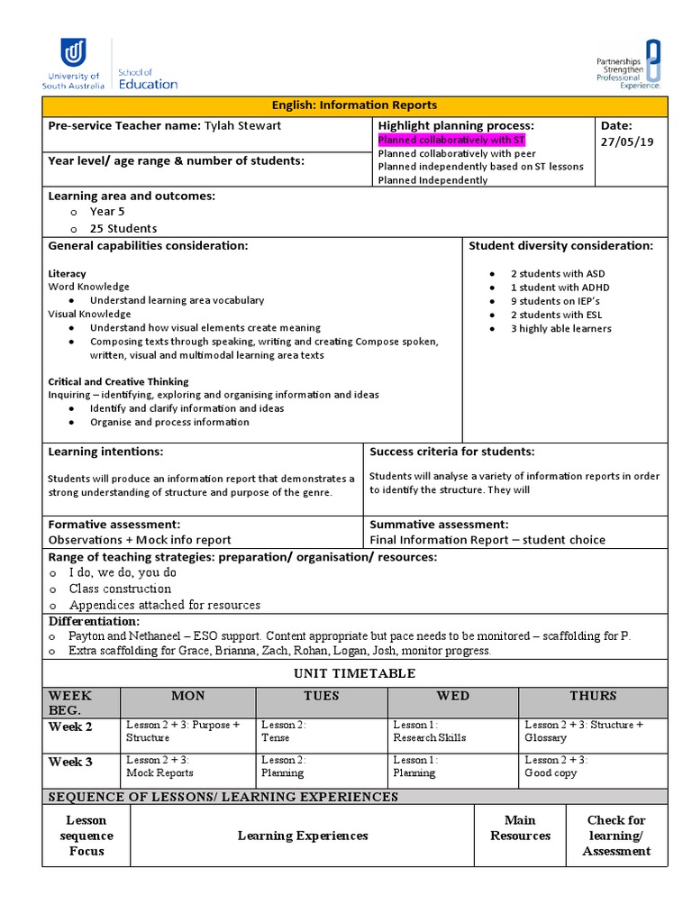 Information Reports Unit Plan | PDF | Educational Assessment ...
