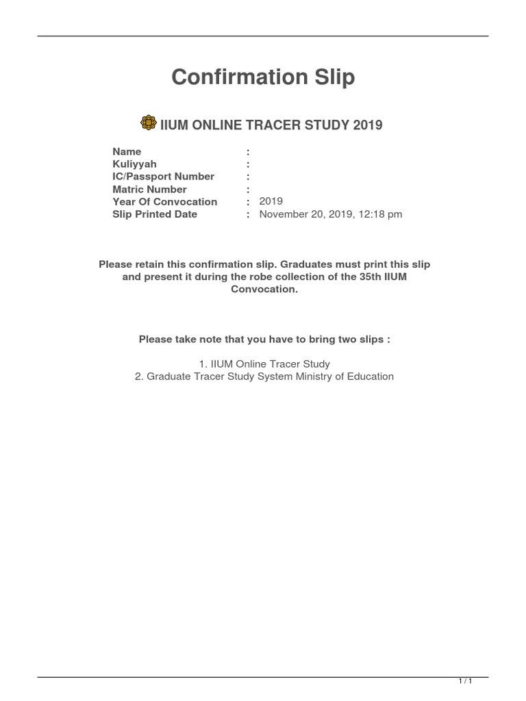 Confirmation Slip: Iium Online Tracer Study 2019 | PDF