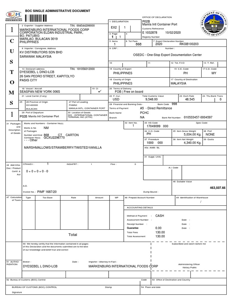 C U S T O M S: Boc Single Administrative Document | PDF | Economies ...