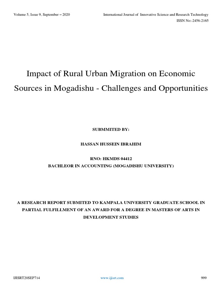 Impact of Rural Urban Migration On Economic Sources in Mogadishu ...