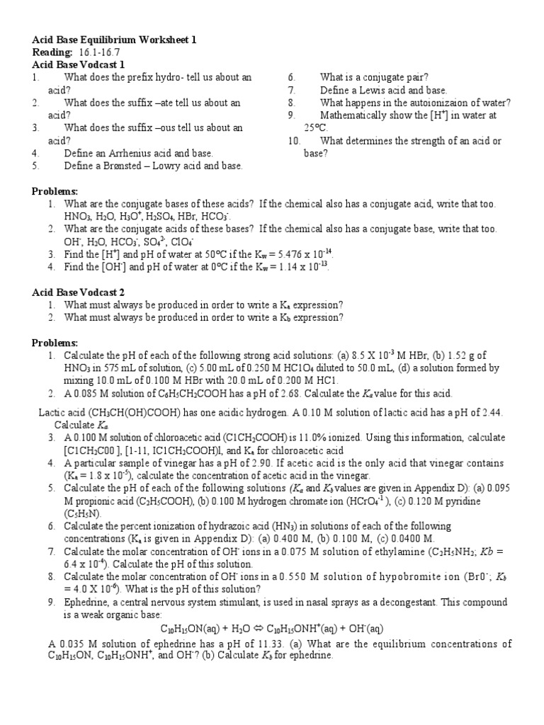 Acid-Base Equilibrium Practice Worksheet | PDF | Acid | Chemical ...