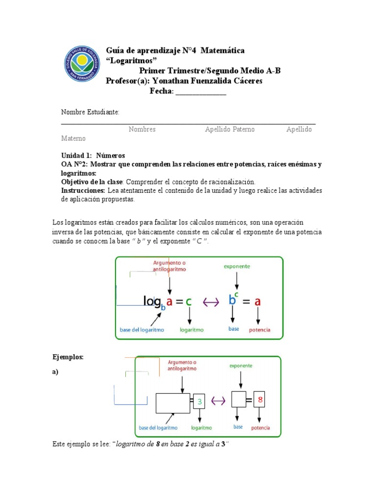 Guía de Trabajo N°4 Logaritmos II Medio | PDF | Logaritmo | Exponenciación