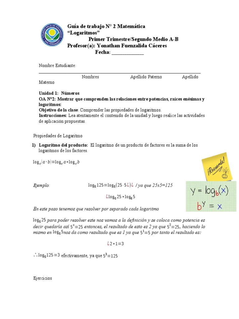Guía de Trabajo N°5 Propiedades Logaritmos II Medio | PDF | Logaritmo | Exponenciación
