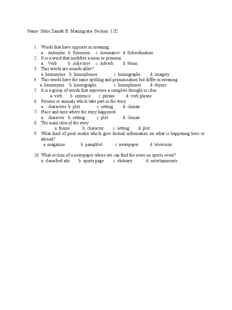 English Test For Grade 7 (10) Items | PDF | Language Arts & Discipline ...