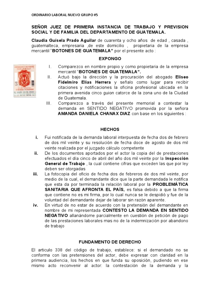 CONTESTACIÓN DE LA DEMANDA Despido Injustificado | PDF | Guatemala ...