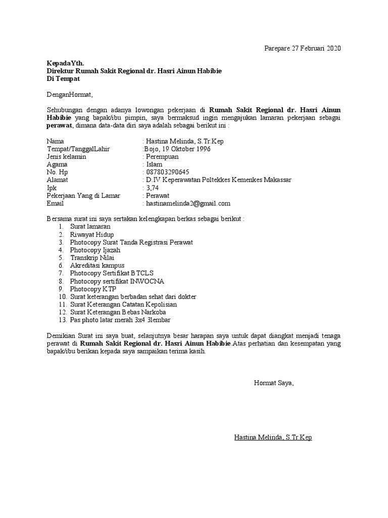 Surat Lamaran Rs Regional Dr. Hasri Ainun Habibie | PDF
