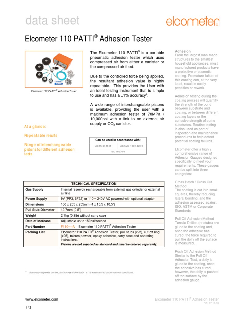Data Sheet: Elcometer 110 PATTI Adhesion Tester | PDF | Adhesive | Adhesion
