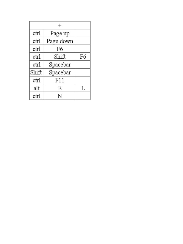 + CTRL Page Up CTRL Page Down CTRL F6 CTRL Shift F6 CTRL Spacebar Shift ...