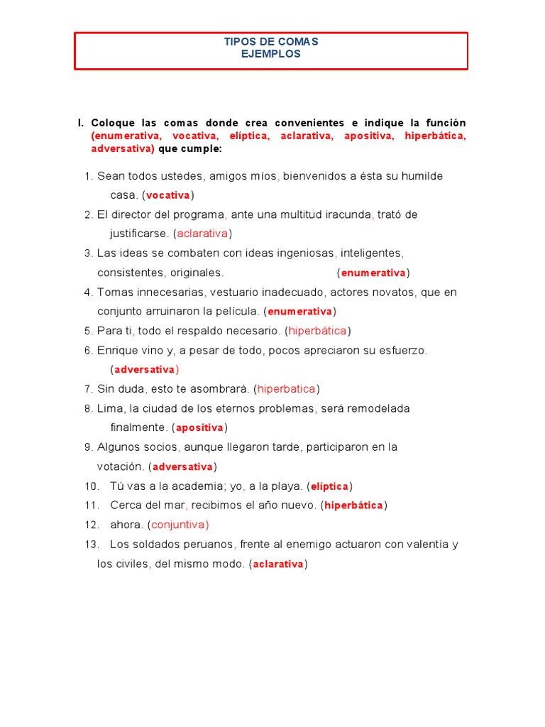 Tipos de Comas: Ejercicios | PDF