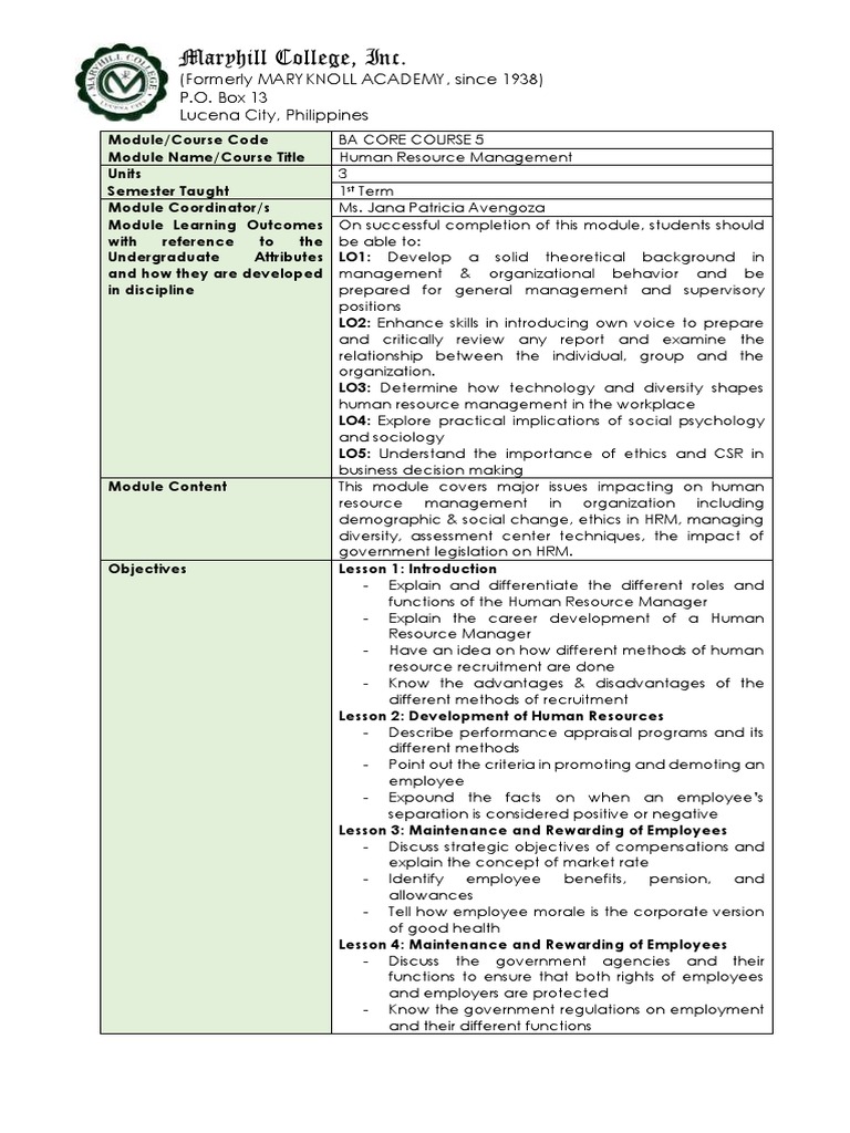 BA CORE COURSE 5 Human Resource Management (Module) | PDF | Human ...
