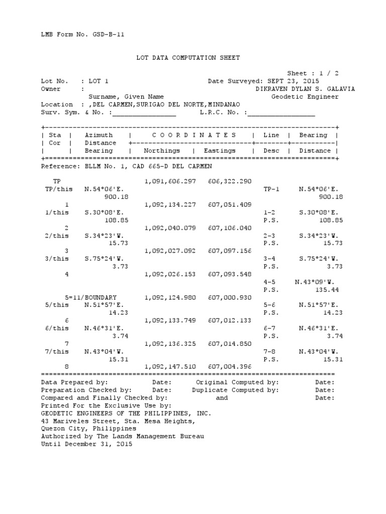 Lot Data Computation PDF | PDF | Surveying | Mathematical Notation