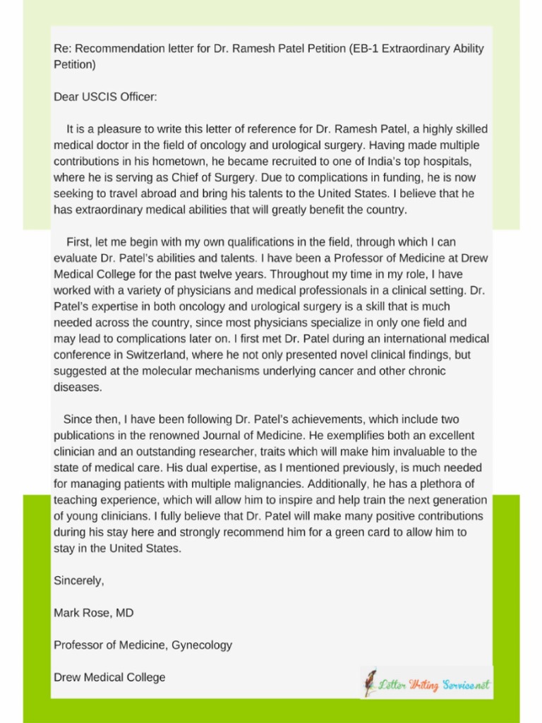 Reference Letter For Green Card Eb1 Sample | PDF