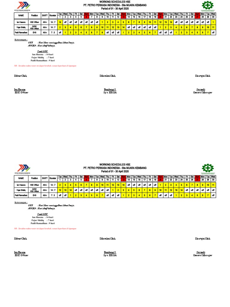 Schedule Roster Kerja | PDF