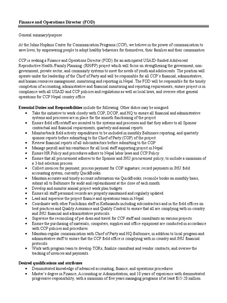 Finance and Operations Director (FOD) | Download Free PDF | United ...