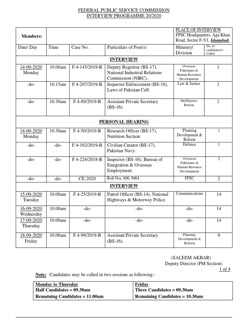 Members:: Place of Interview FPSC Headquarters, Aga Khan Road, Sector F ...